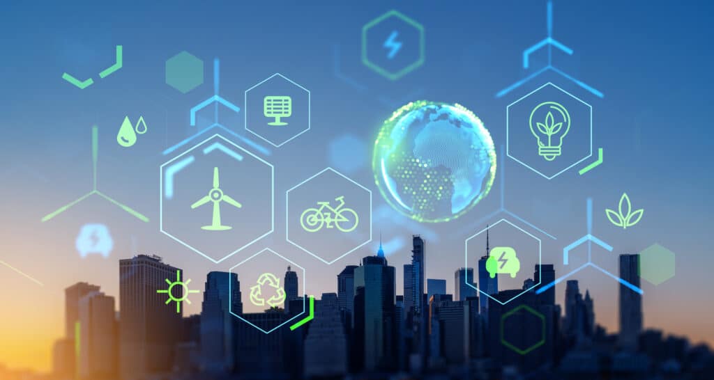 New York and earth hologram with eco energy hud, technology and ...
